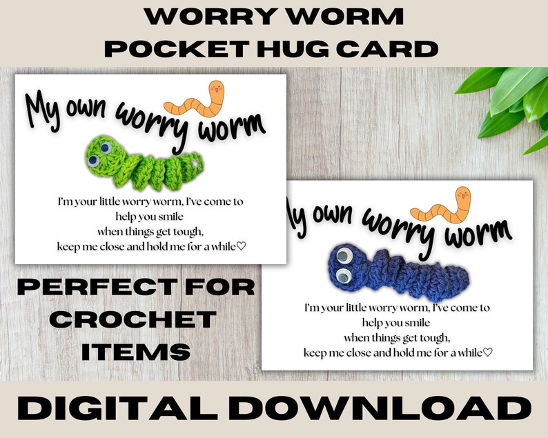 Worry Worm Cards, Pocket Hug Template, Print and Cut PNG File, Commercial Use, Crochet Business ...