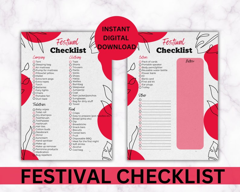Festival Checklist Printable Packing List PDF Music Festival - Etsy