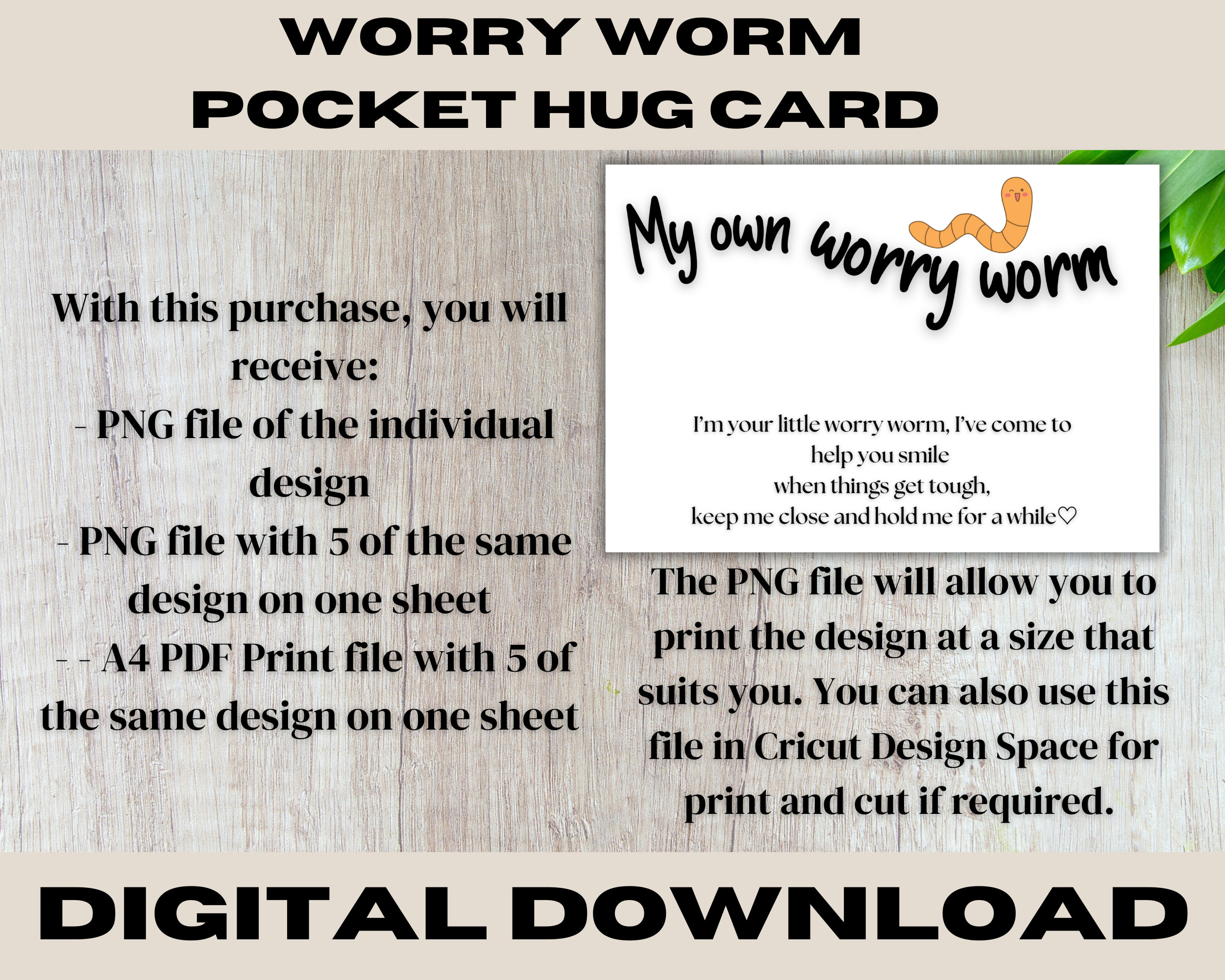 Worry Worm Cards, Pocket Hug Template, Print and Cut PNG File, Commercial Use, Crochet Business ...