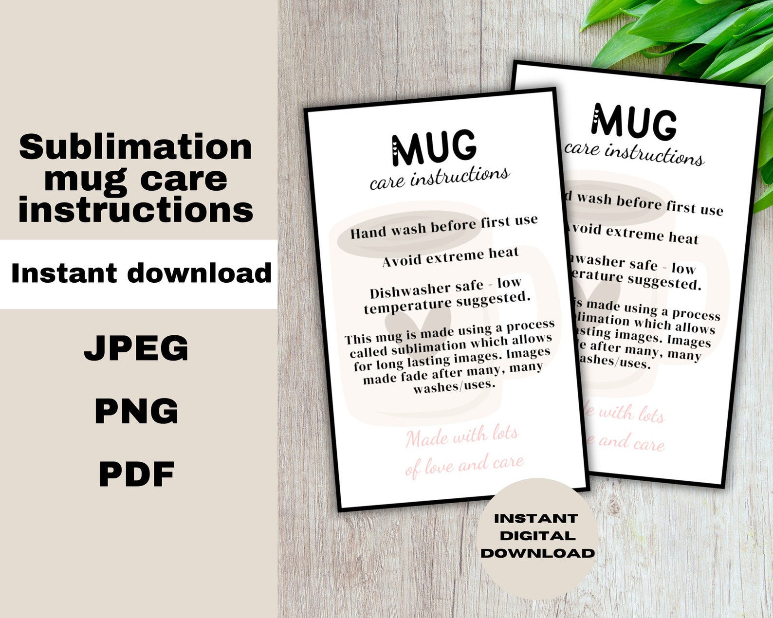 Sublimation Mug Care Instructions, Mug Care Card, Printable Care Cards ...