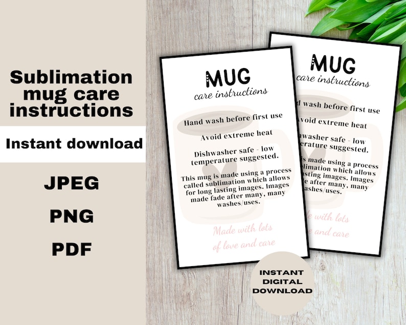 Sublimation Mug Care Instructions, Mug Care Card, Printable Care Cards ...