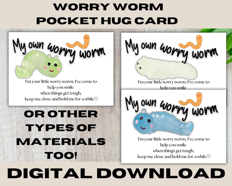 Worry Worm Cards, Pocket Hug Template, Print and Cut PNG File ...