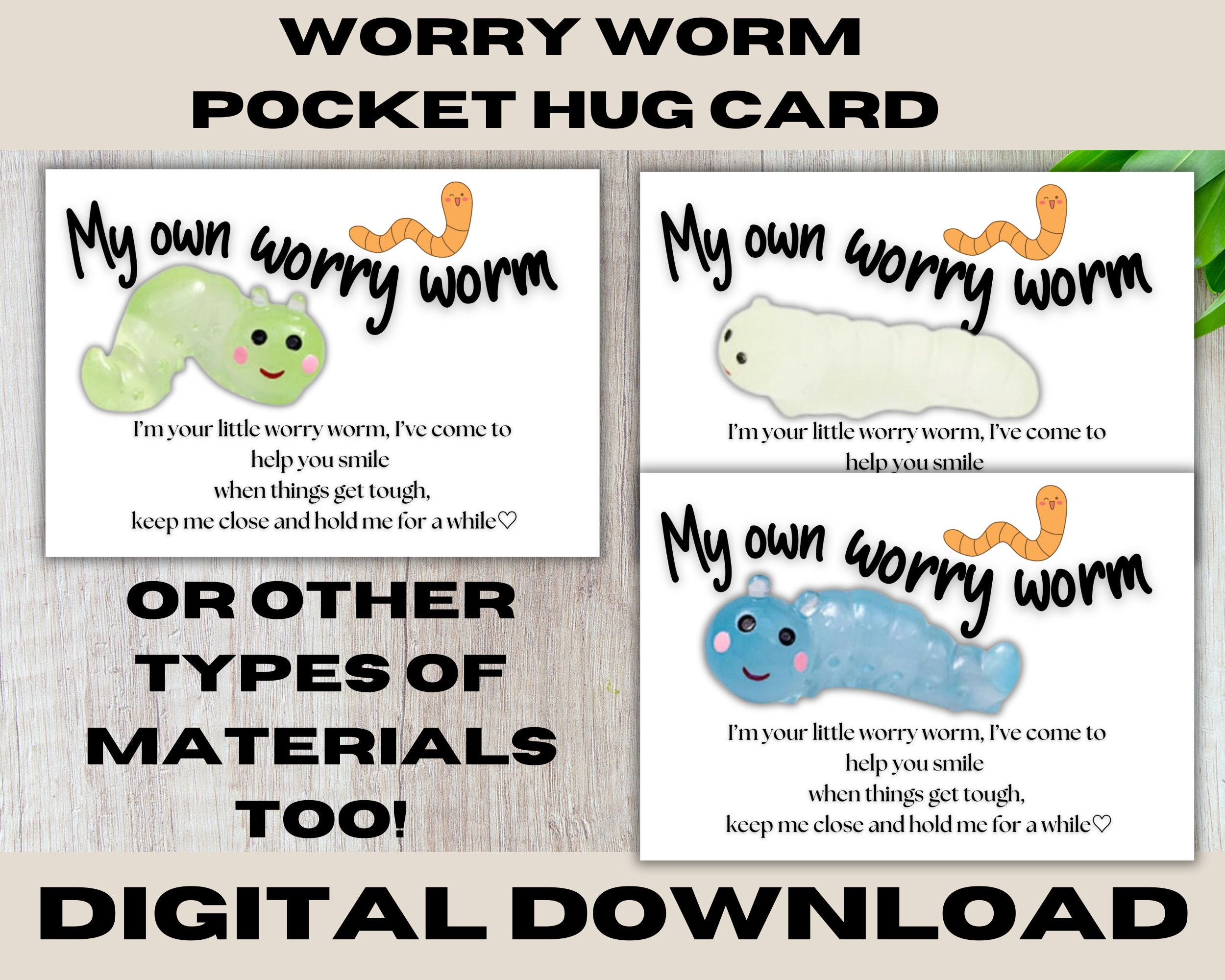 Worry Worm Cards, Pocket Hug Template, Print and Cut PNG File ...