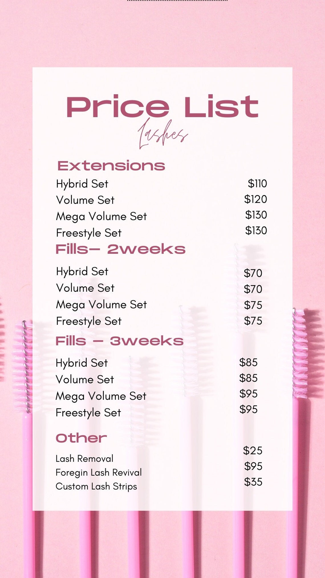 Instagram Lash Tech Price List, Pink Lash Tech Template - Etsy