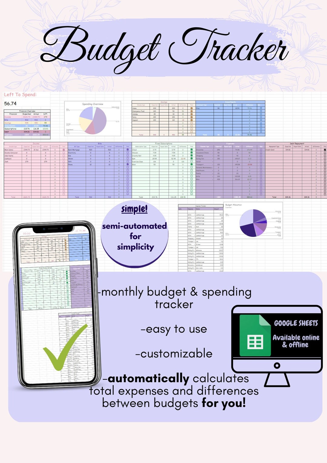 Monthly Budget Tracker for Google Sheets Digital Spending Planner Track ...