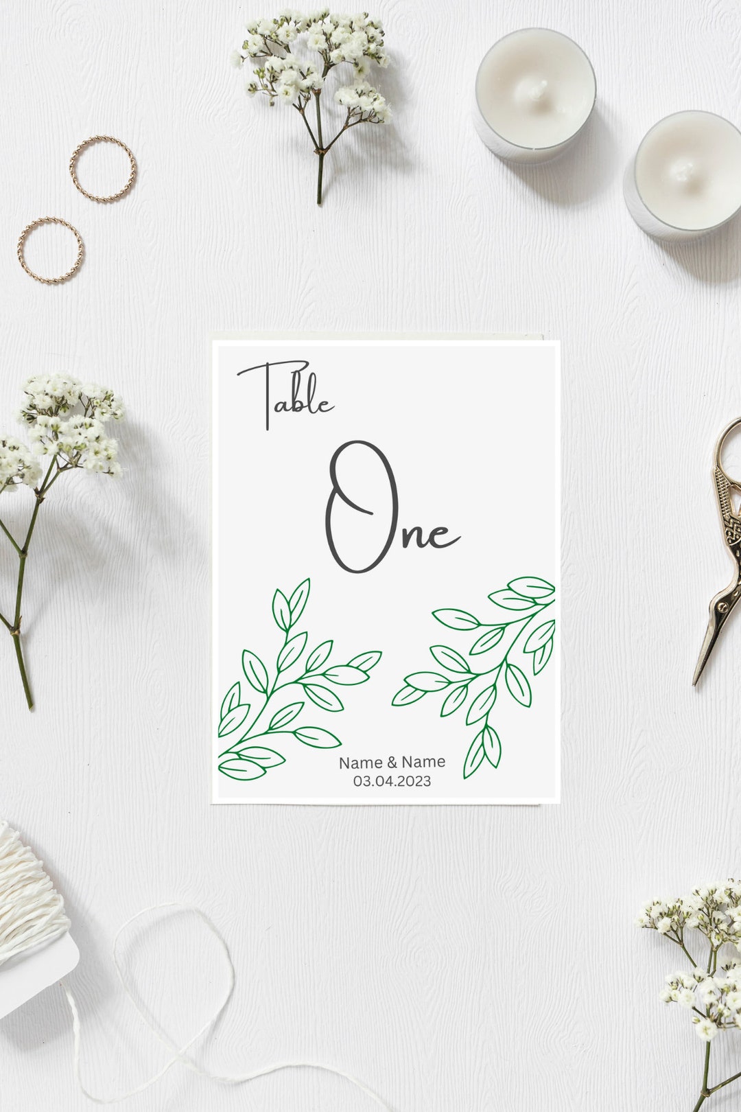 Modern Table Number Template, Minimalistic Green Branch, Editable ...