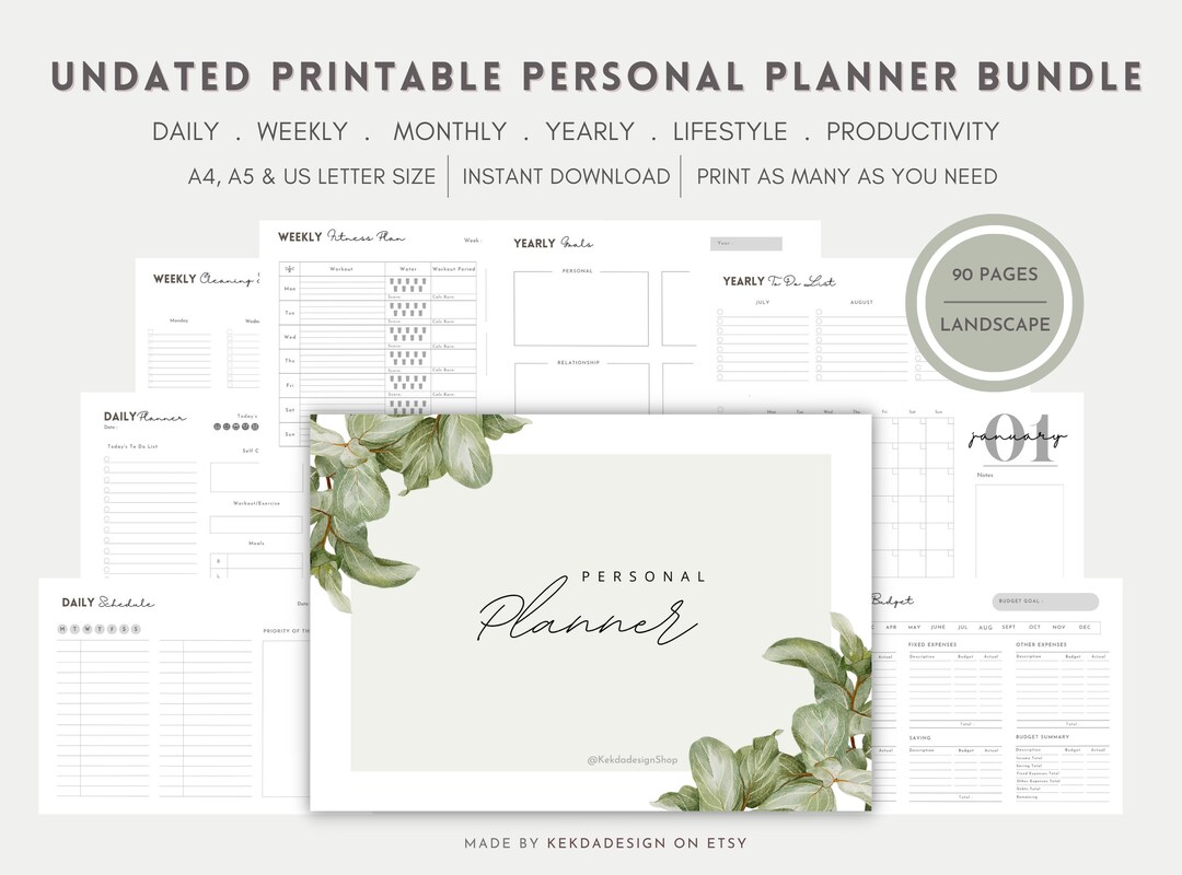 Undated Printable Personal Planner Bundle . Daily Planner . Weekly ...