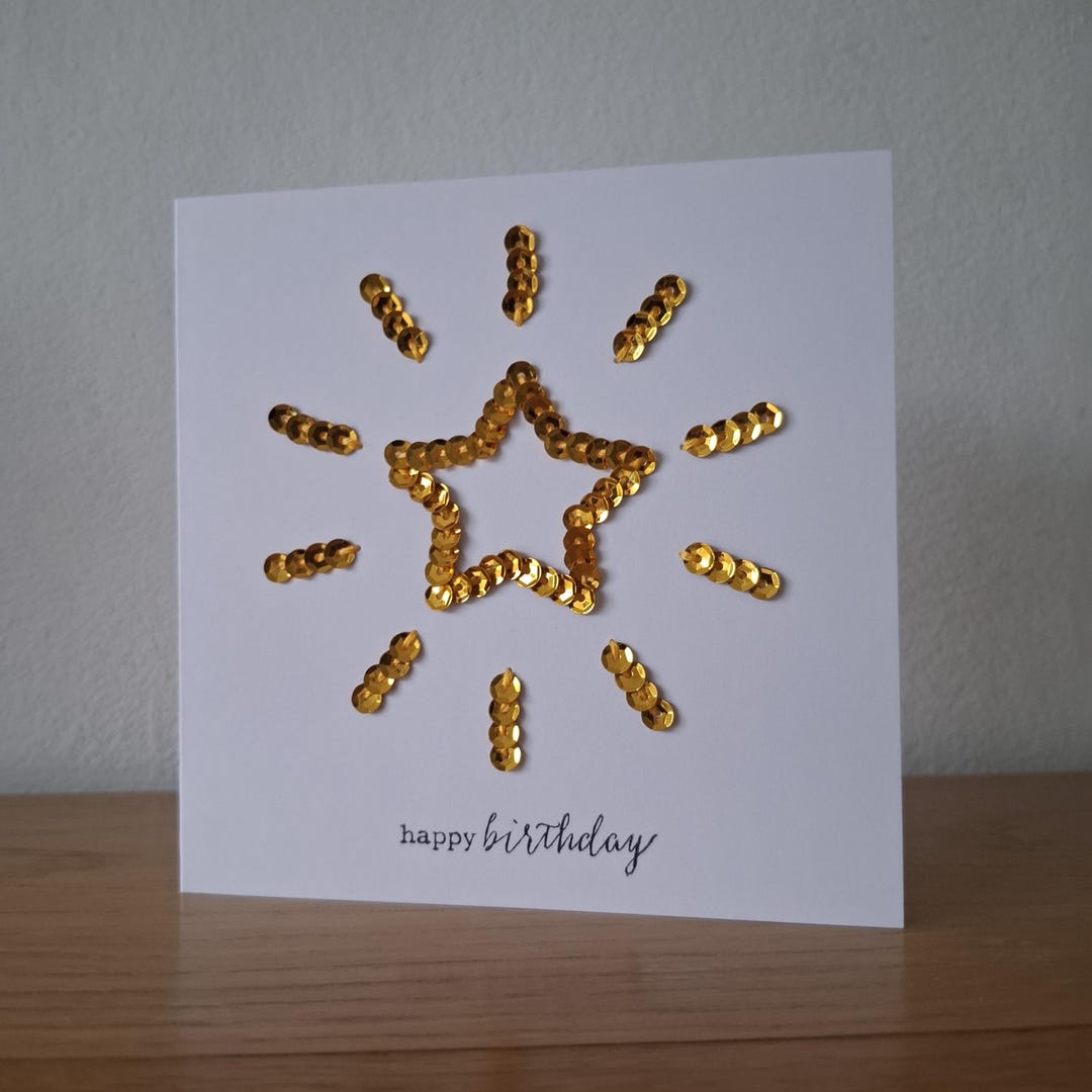 Hand Embroidered Birthday Card, Golden Sequin Star, Gold Star Card ...