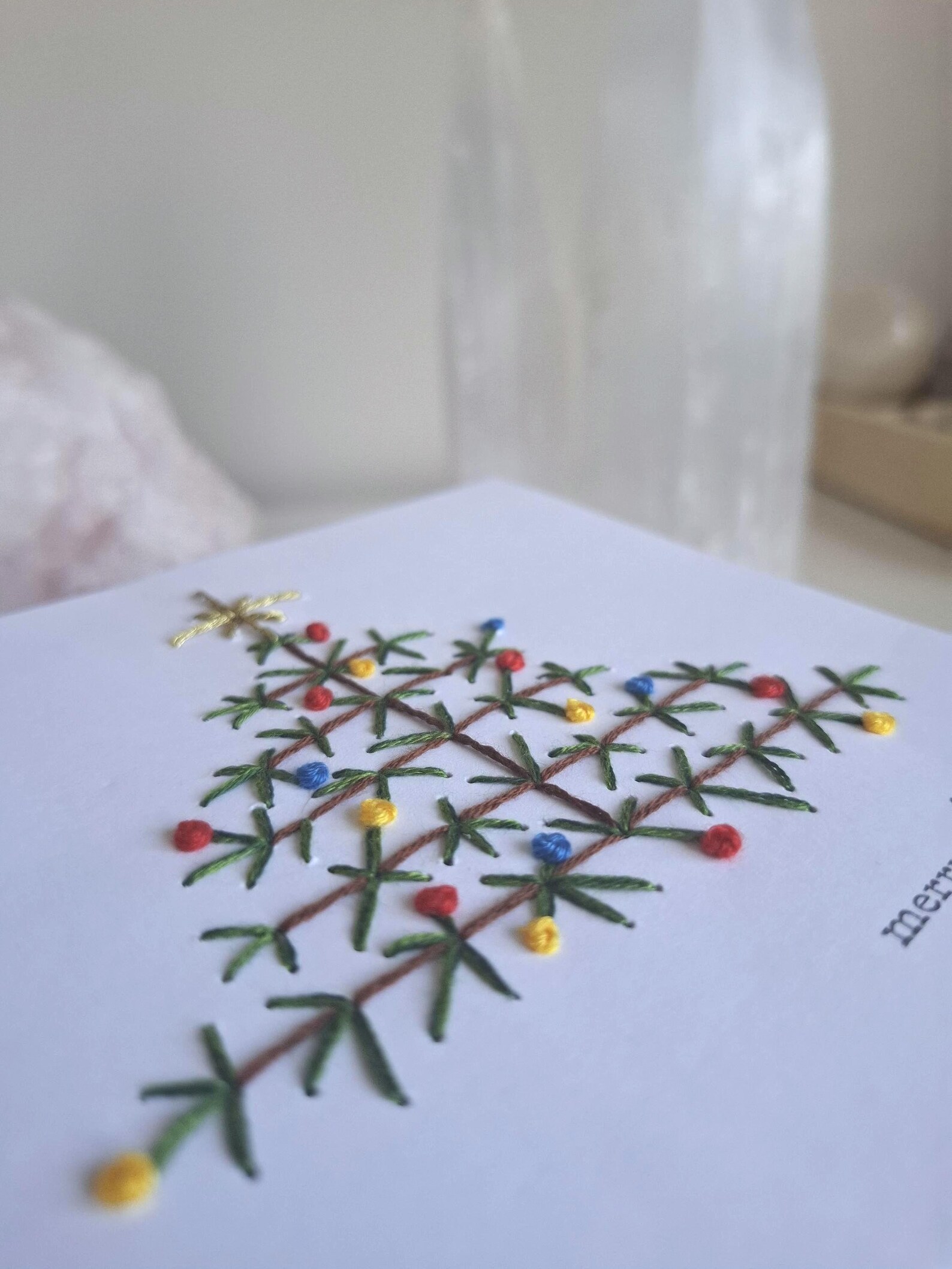 Handmade Embroidered Merry Christmas Card, Christmas Tree Card, Fairy ...