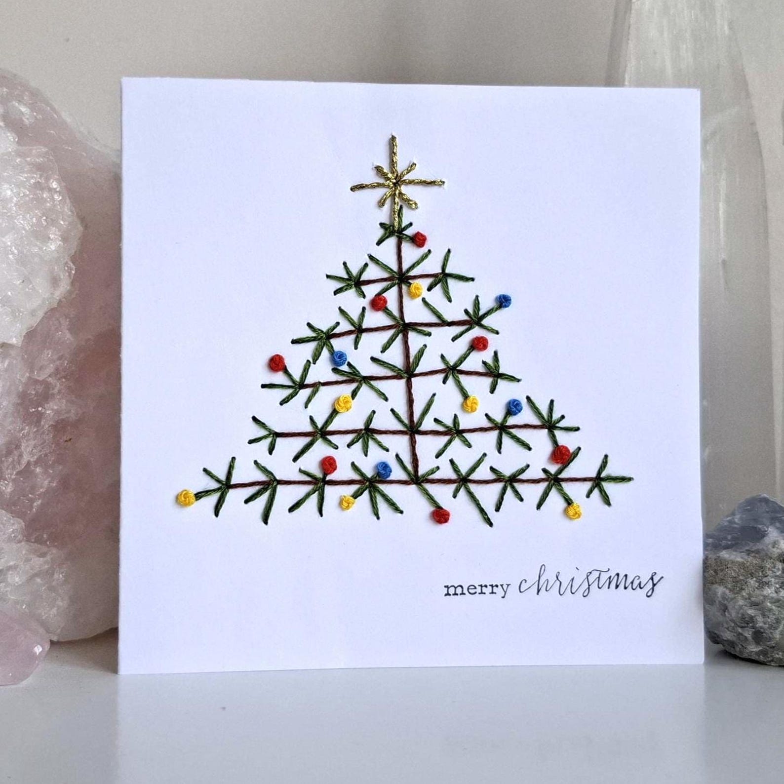 Handmade Embroidered Merry Christmas Card, Christmas Tree Card, Fairy ...