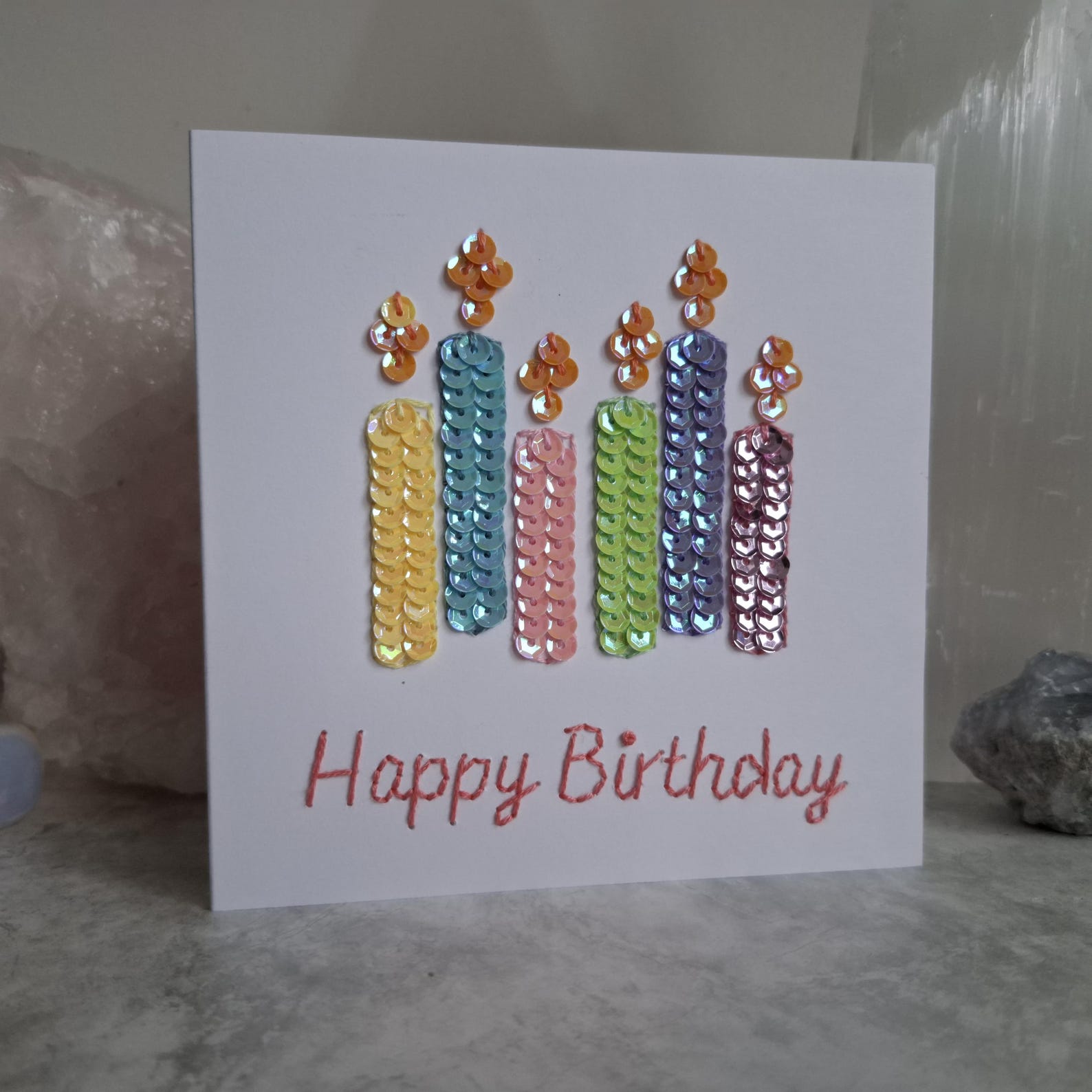 Handmade Embroidered Happy Birthday Card, Multi Coloured Sequin Candles ...