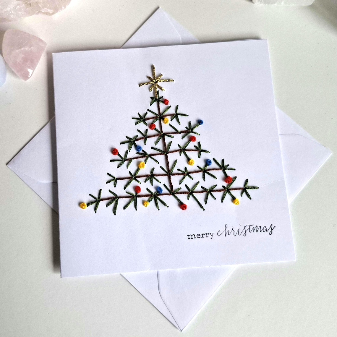 Handmade Embroidered Merry Christmas Card, Christmas Tree Card, Fairy ...