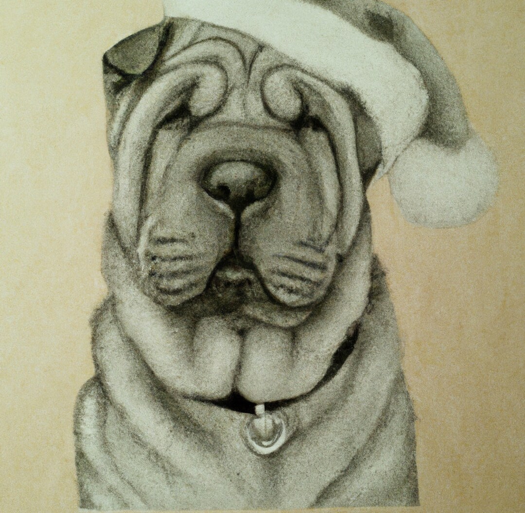 Pencil Drawing of a Shar Pei With a Santa Hat - Etsy