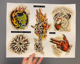 Hand Painted American Traditional Tattoo Flash Sheet - Etsy