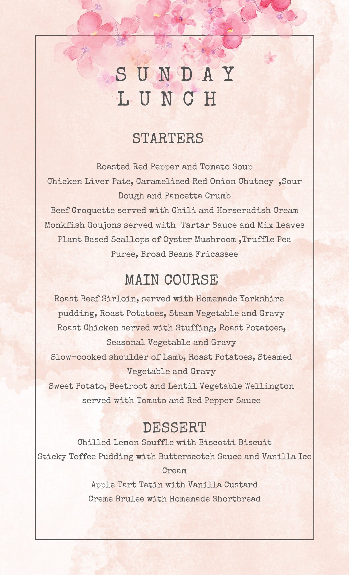 1printable Sunday Lunch Menu, Instant Download, Sunday Menu, Pdf ...