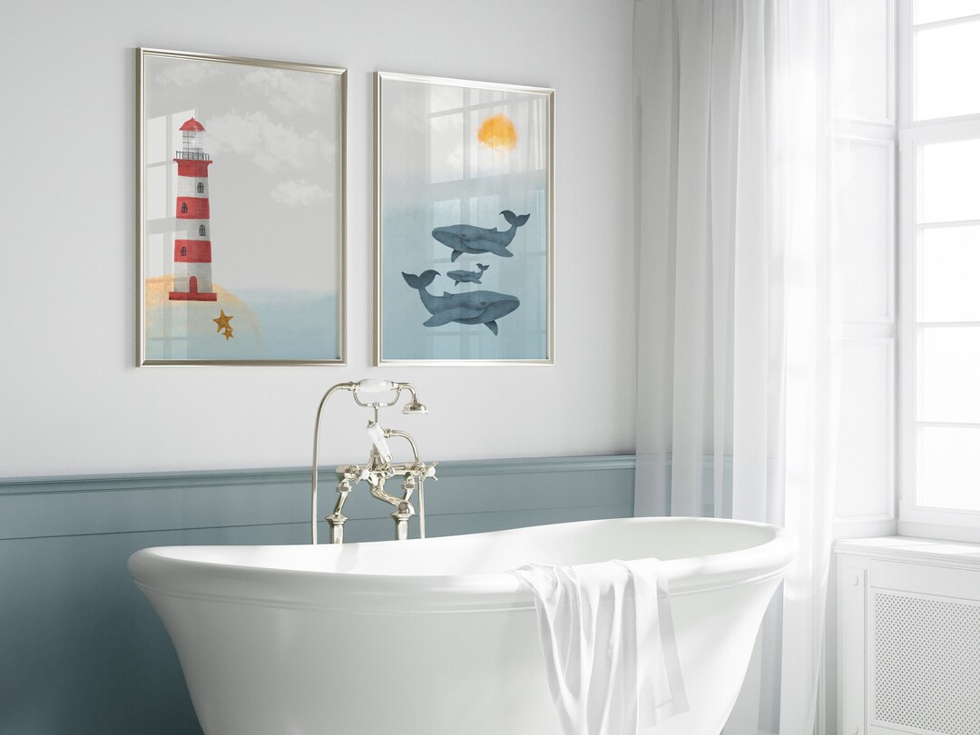 Watercolor Lighthouse & Whale Posters,set of 2 Nautical Wall Prints for ...