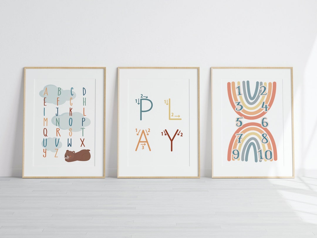 Educational Boho Poster Set, Printable ABC, Numbers, and PLAY Wall Art ...