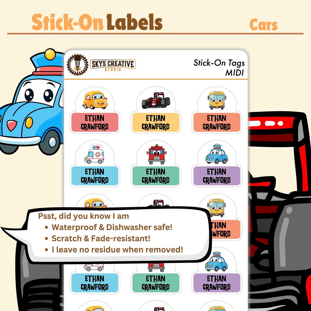 Cars Kids Name Labels: Waterproof School Supply Labels - Etsy Australia