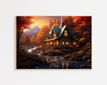 Enchanting Cabin in the Fall Forest, Cozy Winter Digital Print, Wall ...