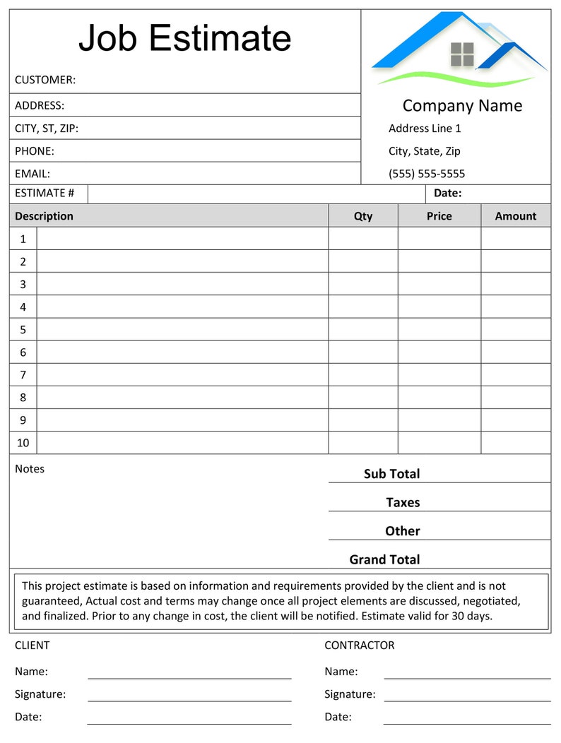 Job Estimate Template, Microsoft Word Editable Doc, Google Doc ...