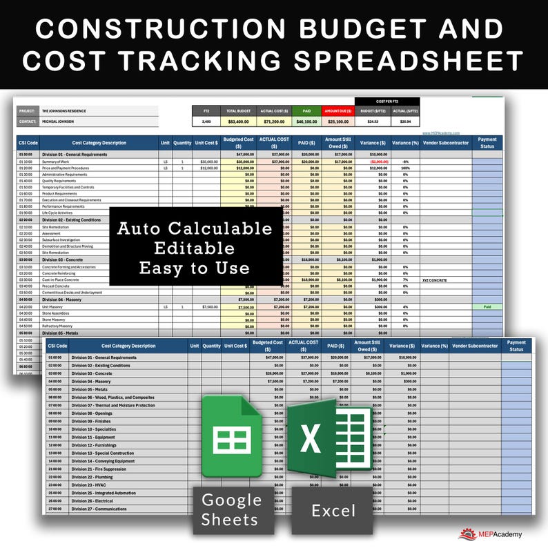 Construction Budget, Cost and Invoice Tracking Spreadsheet - Etsy