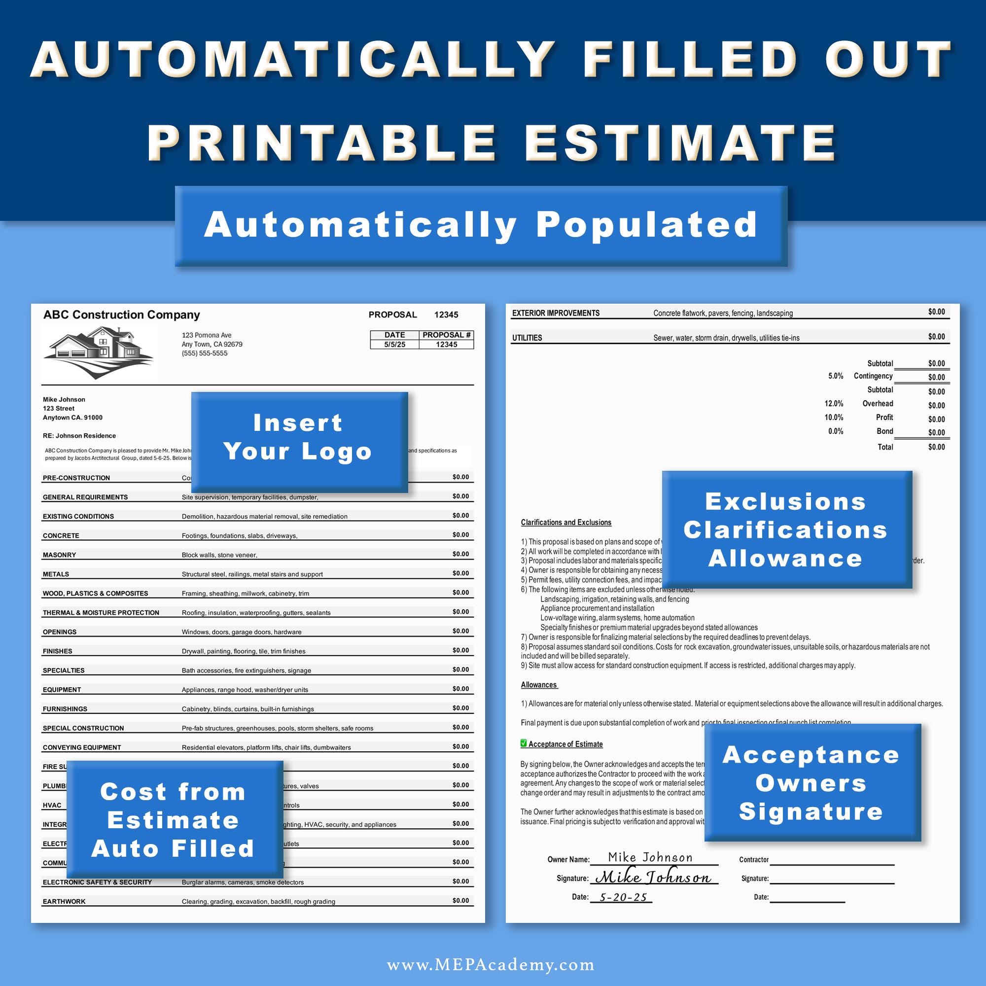 Construction Cost Estimate Calculator | Project Management | Excel ...