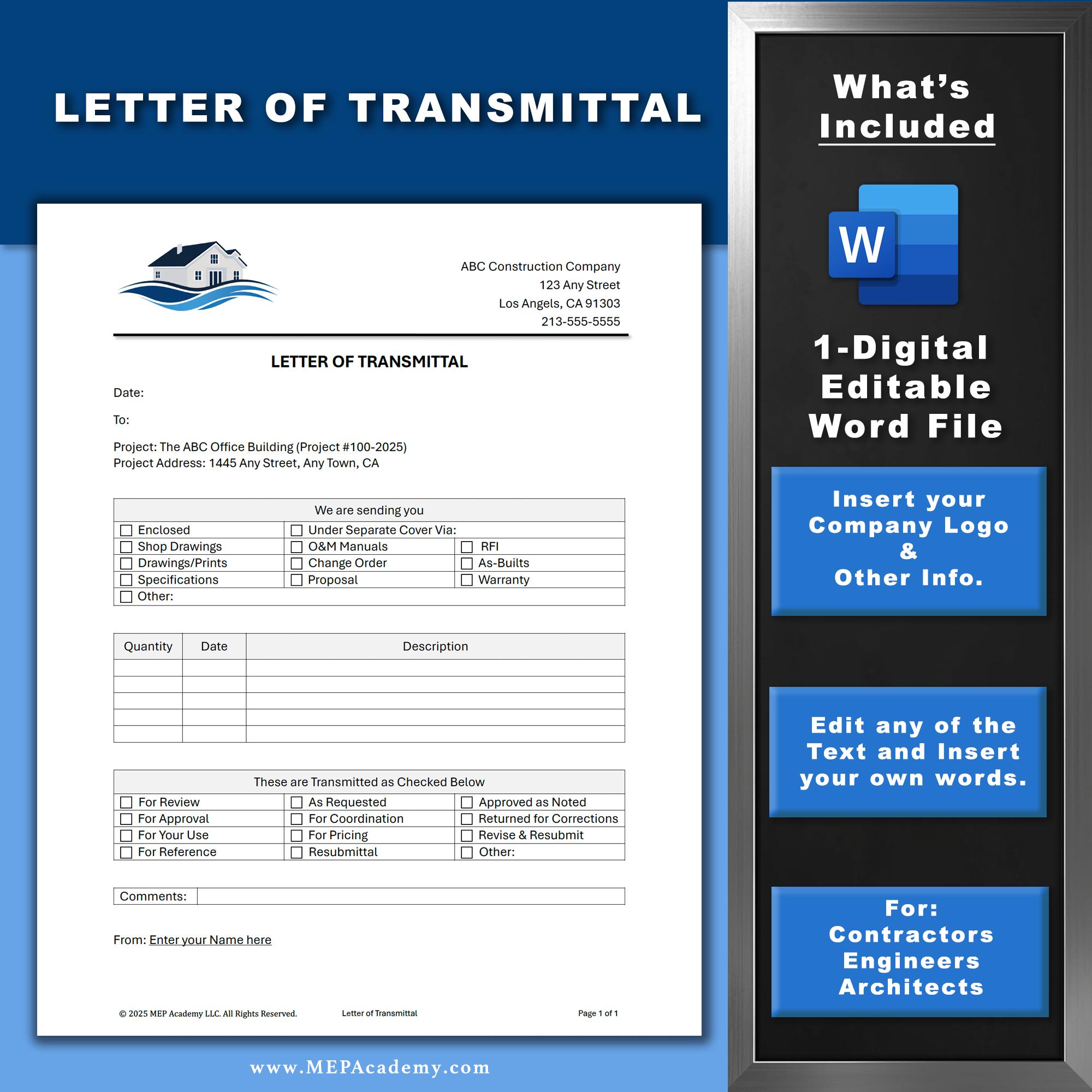 Construction Transmittal Form Template | Editable Word | Contractor ...