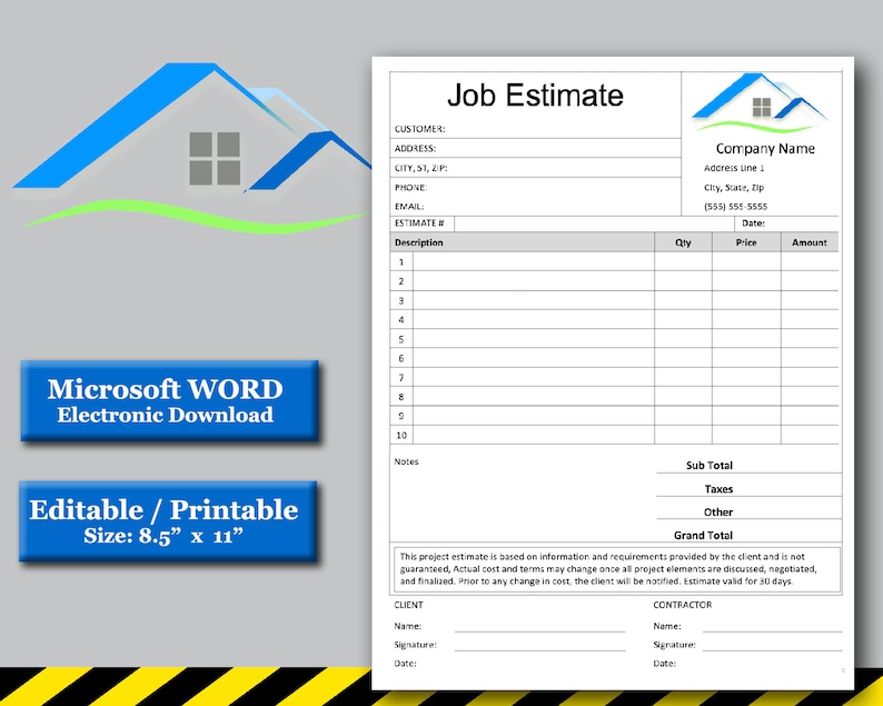 Job Estimate Template, Microsoft Word Editable Doc, Google Doc ...