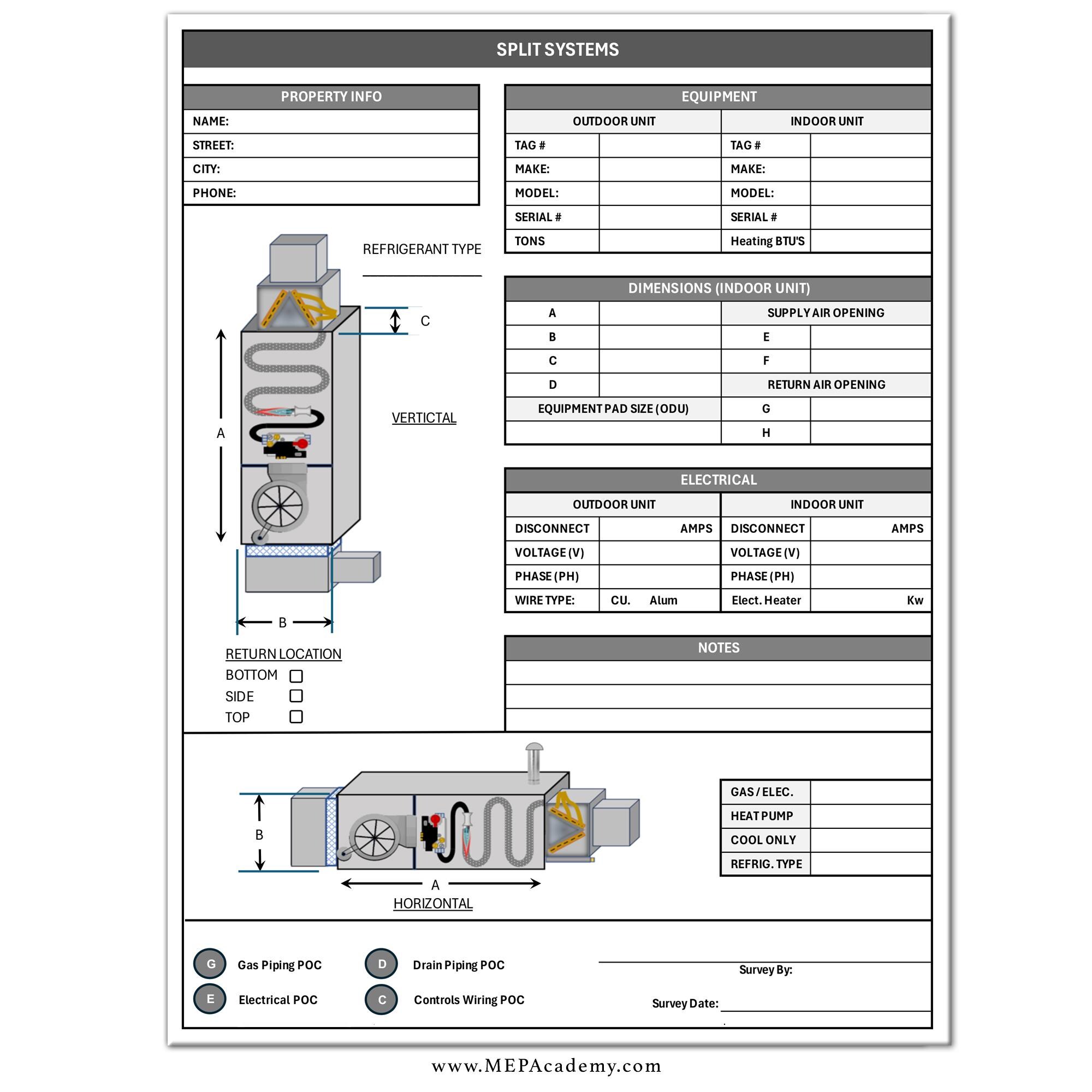 HVAC Split System Unit Equipment Survey Form | Measuring Ducts Curbs ...