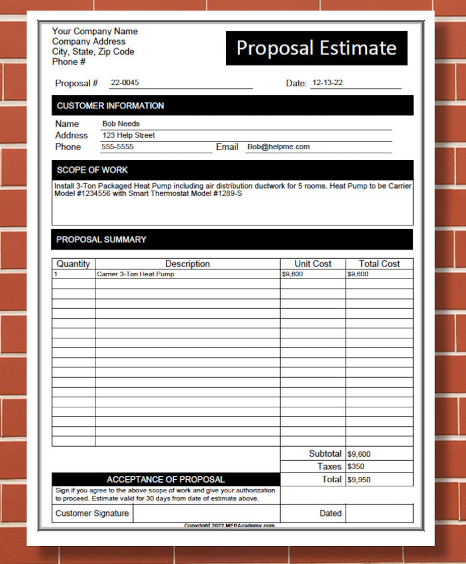 Printable Proposal Estimate - Job Estimate - MS Word - Job Proposal ...