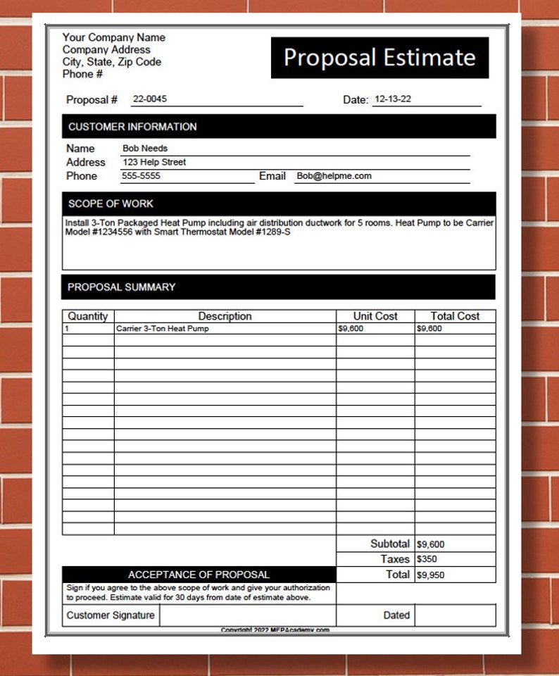 Printable Proposal Estimate - Job Estimate - MS Word - Job Proposal ...