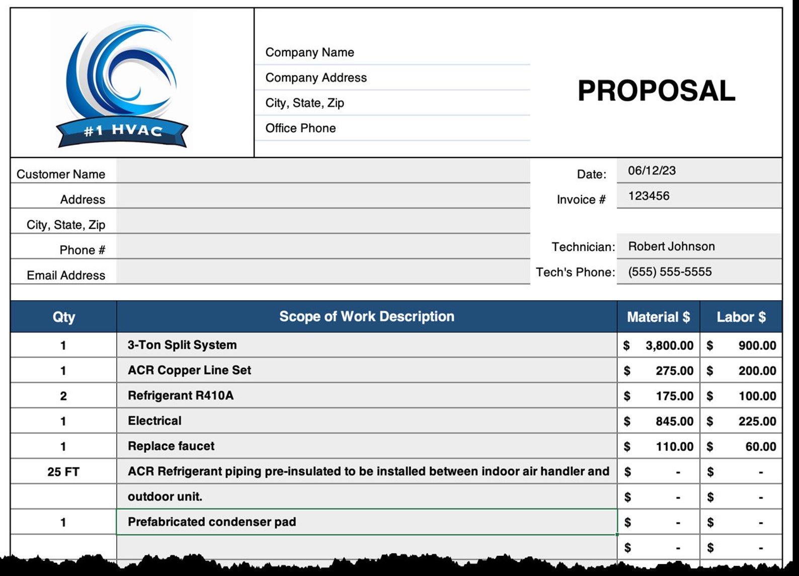 HVAC Estimate Proposal Template in Excel, HVAC Contractor Quote Form ...