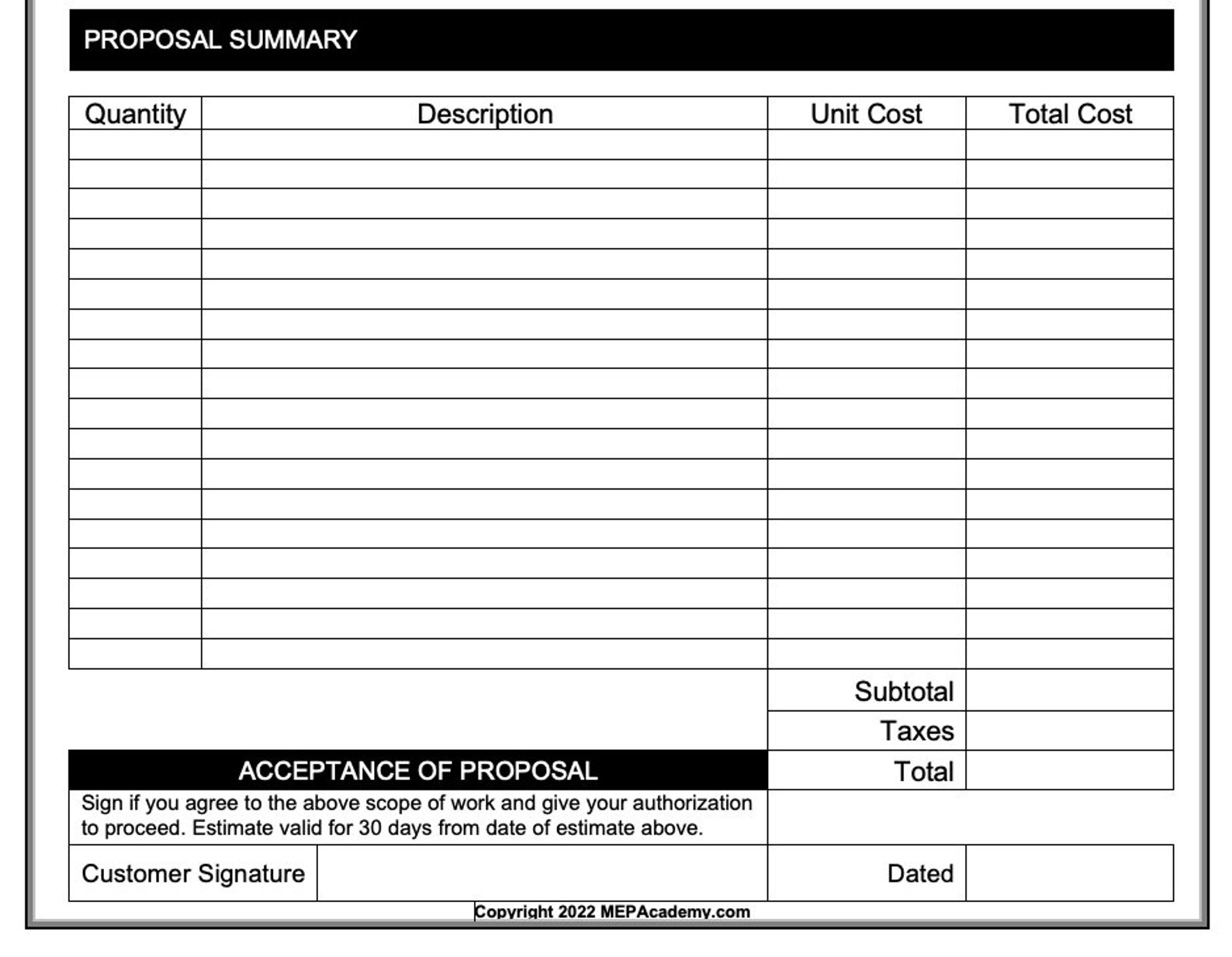 Printable Proposal Estimate - Job Estimate - MS Word - Job Proposal ...