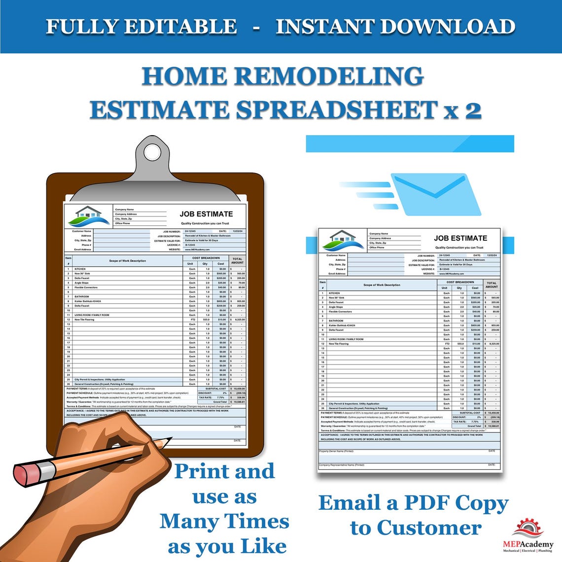 Home Remodeling Estimate Template Fully Editable in Excel and Google ...