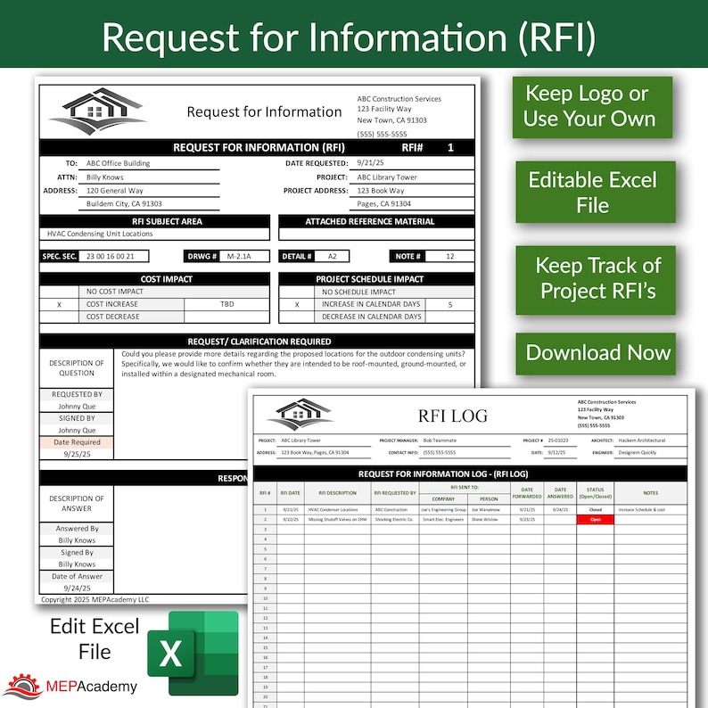 Request for Information RFI Form and RFI Log, 2 Excel Forms, Write and ...
