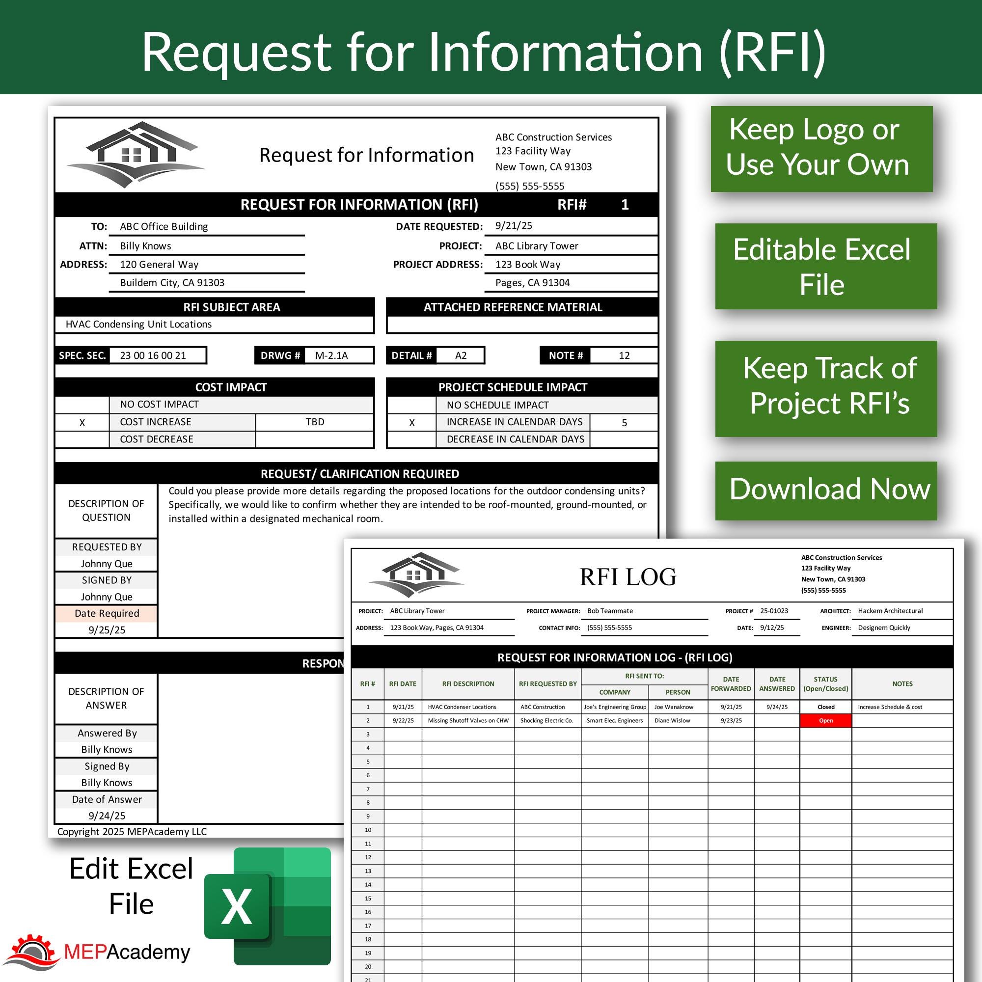 Request for Information RFI Form and RFI Log, 2 Excel Forms, Write and Track Construction Rfi's ...