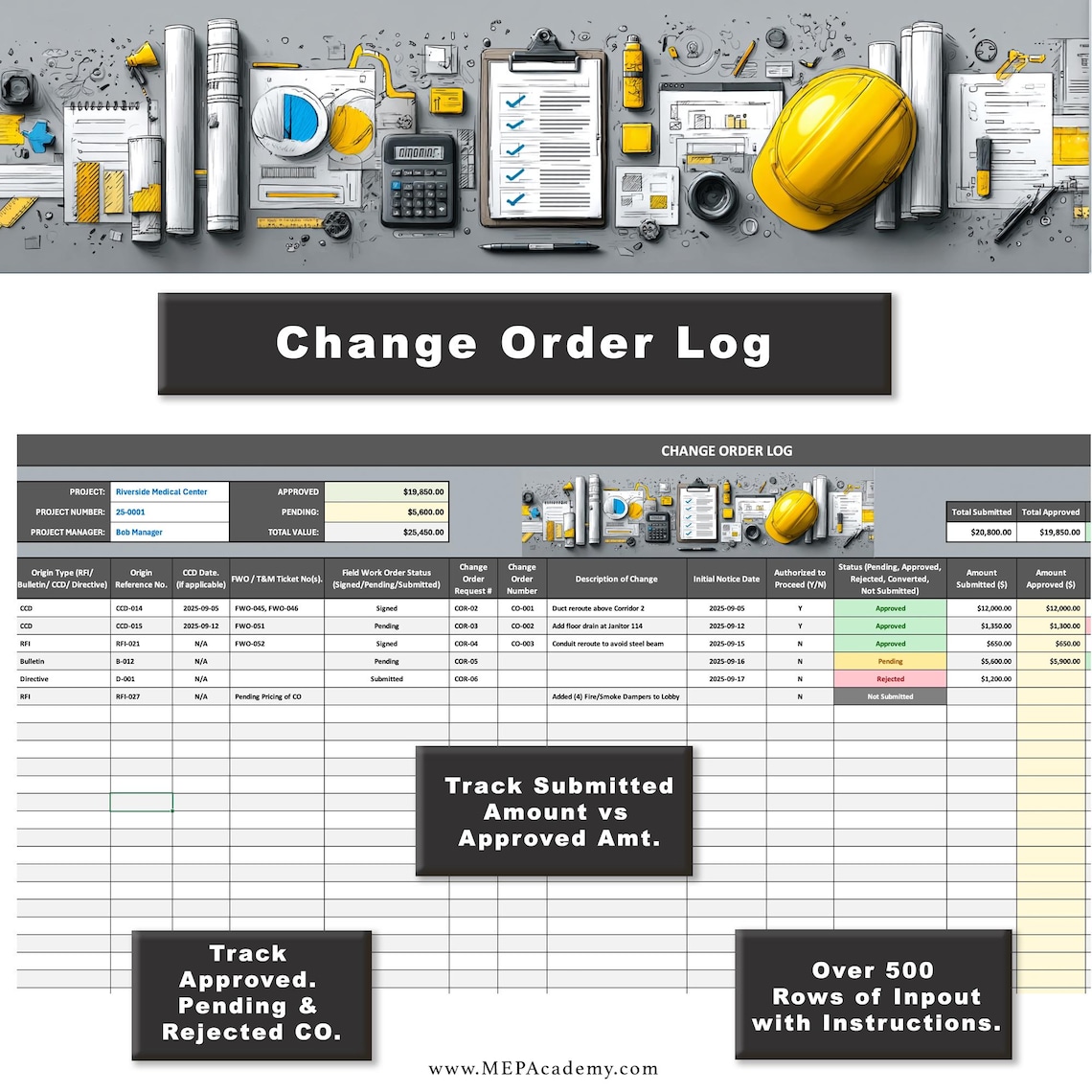 Construction Change Order Log & Dashboard Template | Excel Change Order ...