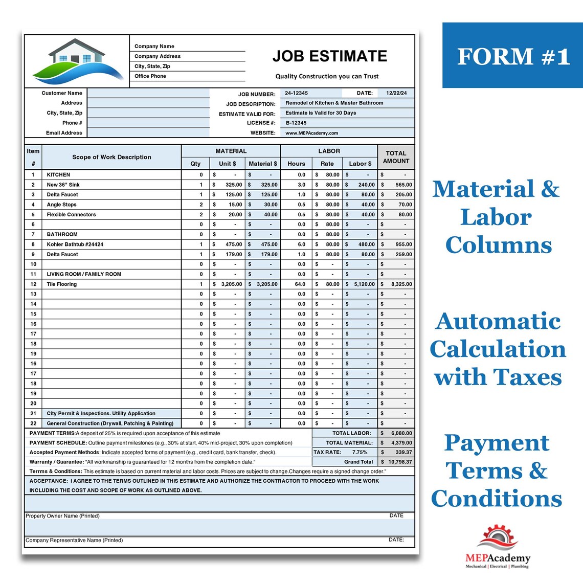 Home Remodeling Estimate Template Fully Editable in Excel and Google ...