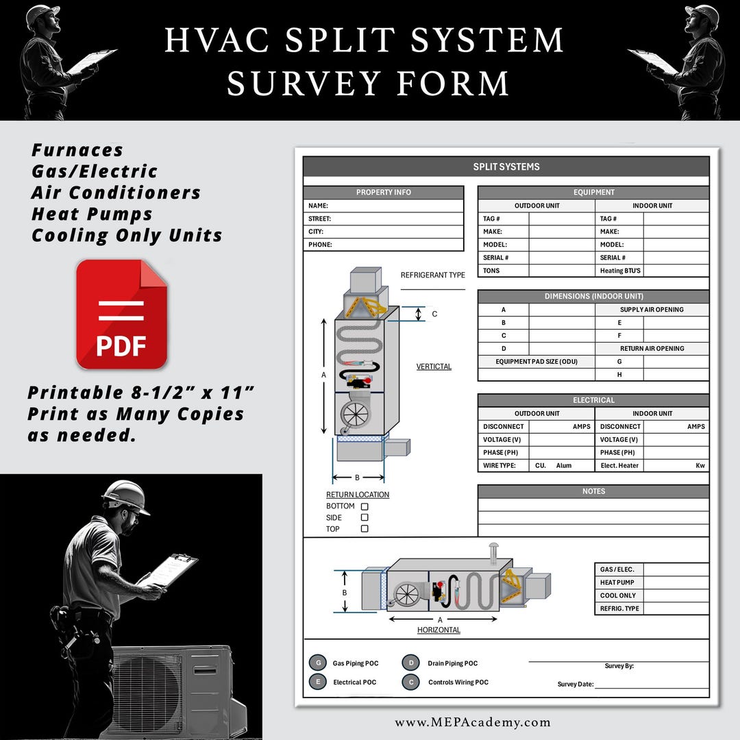 HVAC Split System Unit Equipment Survey Form | Measuring Ducts Curbs ...