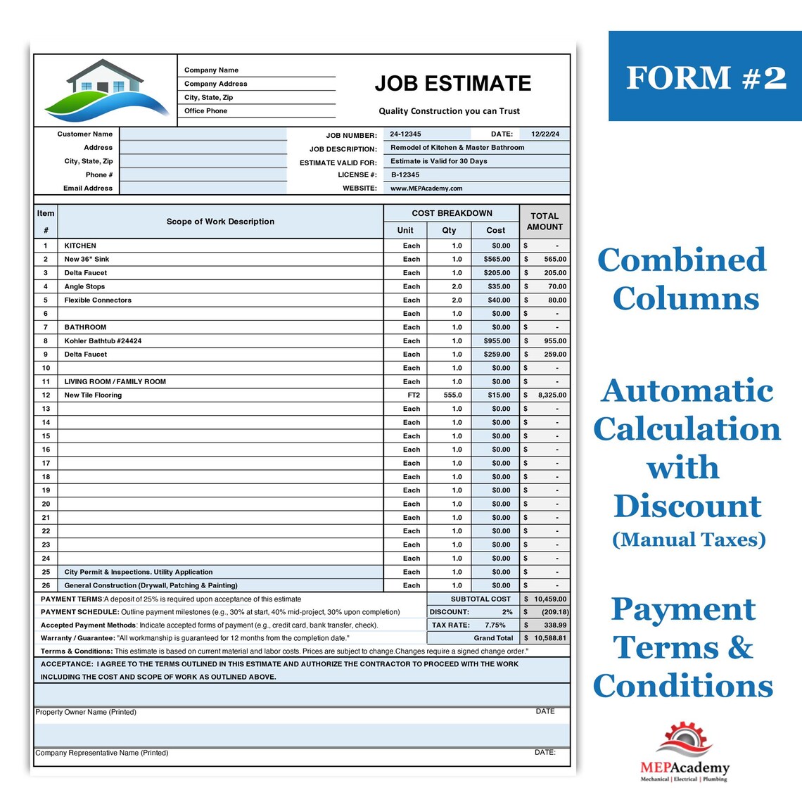 Home Remodeling Estimate Template Fully Editable in Excel and Google ...