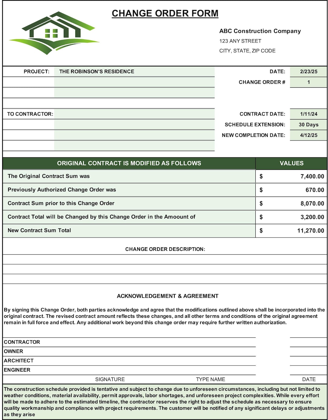 Change Order Form | Editable Construction Change Order Template ...