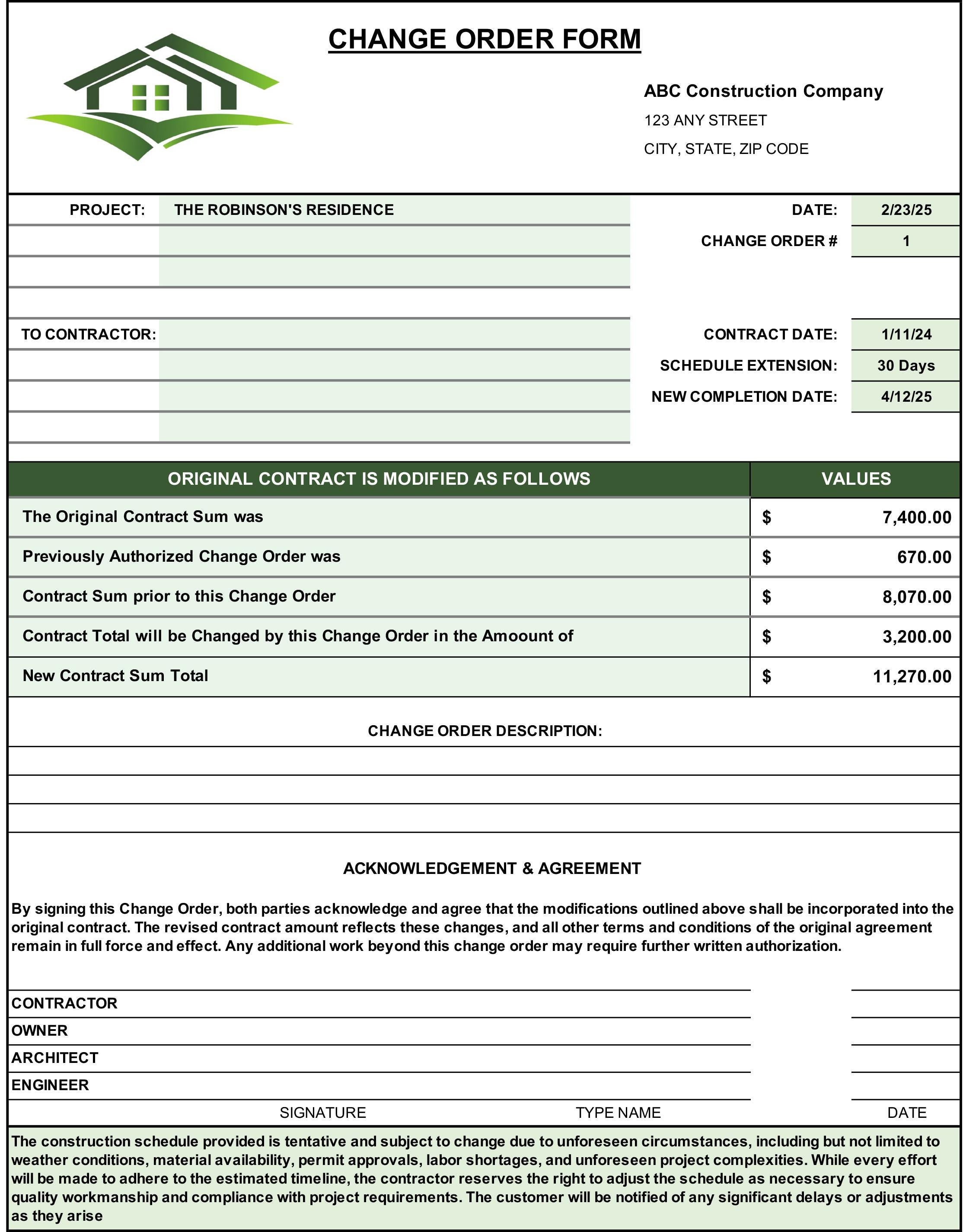 Change Order Form | Editable Construction Change Order Template ...