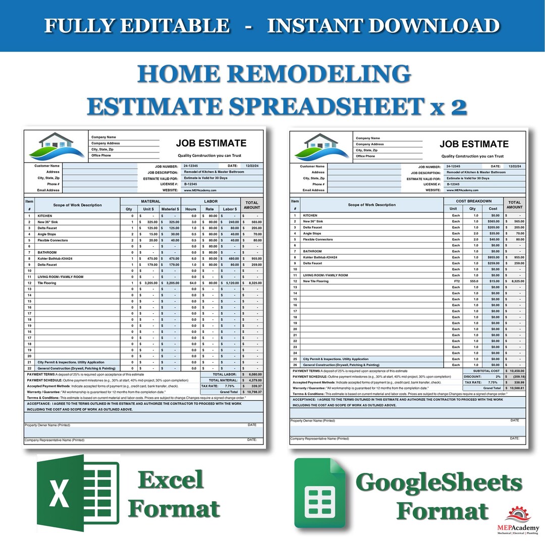 Home Remodeling Estimate Template Fully Editable in Excel and Google ...