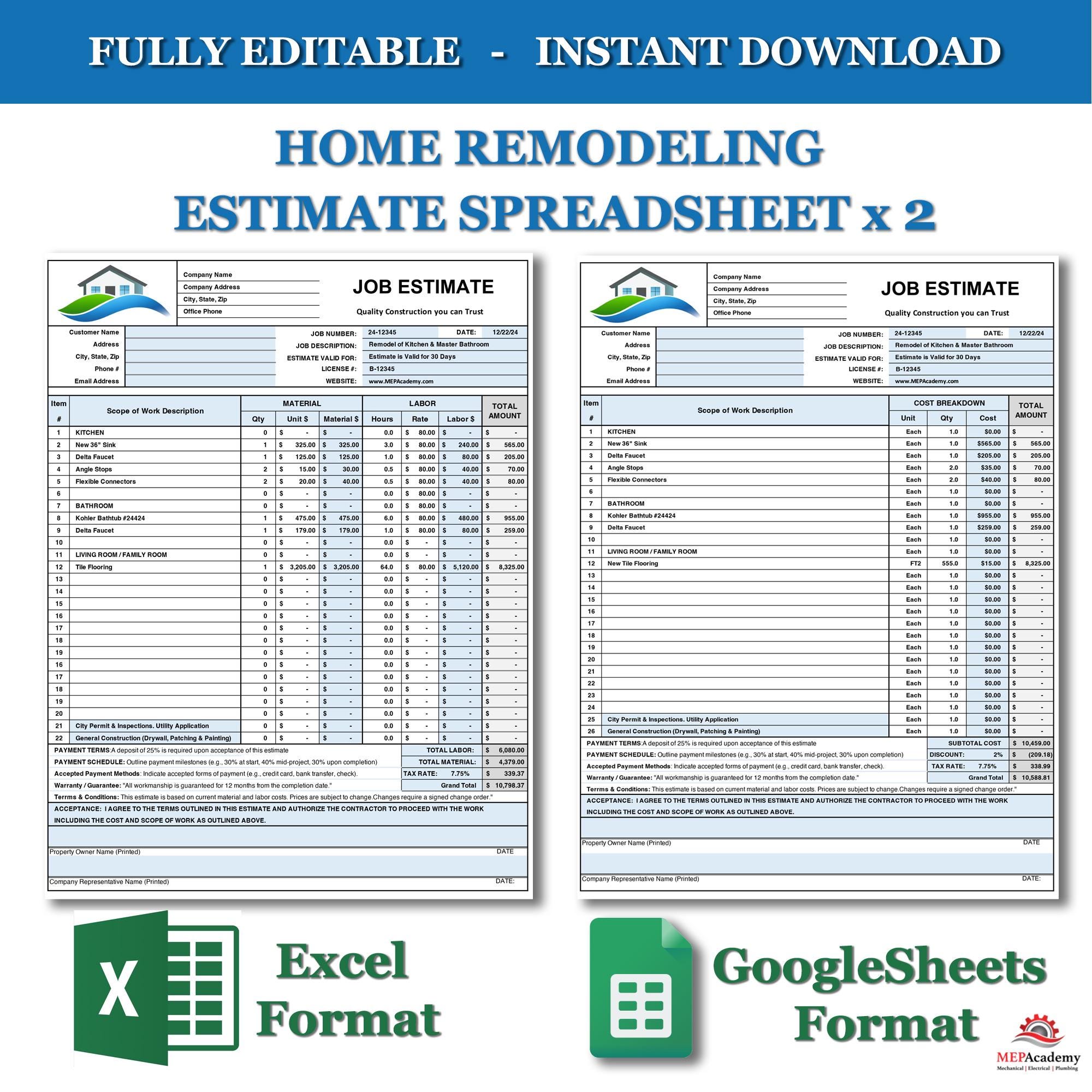 Home Remodeling Estimate Template Fully Editable in Excel and Google ...