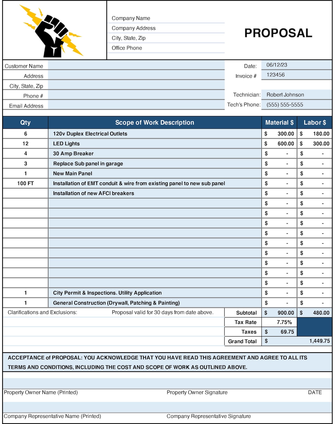 Electrical Estimate Proposal Template in Excel, Electrical Contractor ...