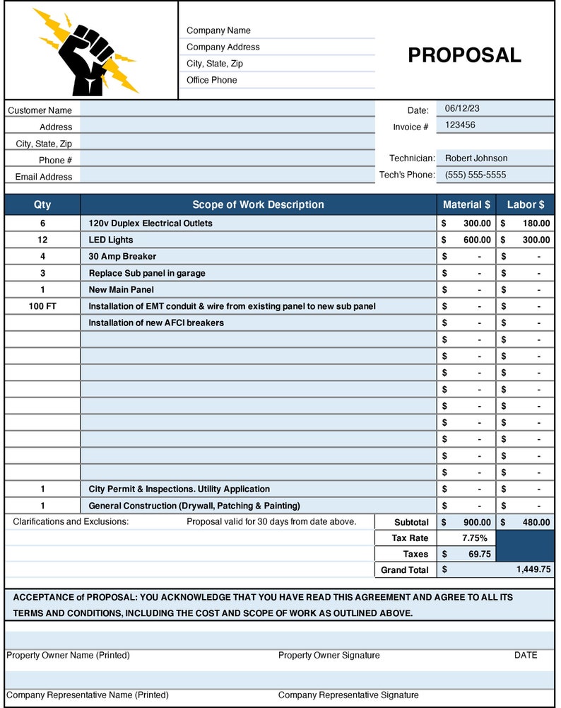 Electrical Estimate Proposal Template in Excel, Electrical Contractor ...