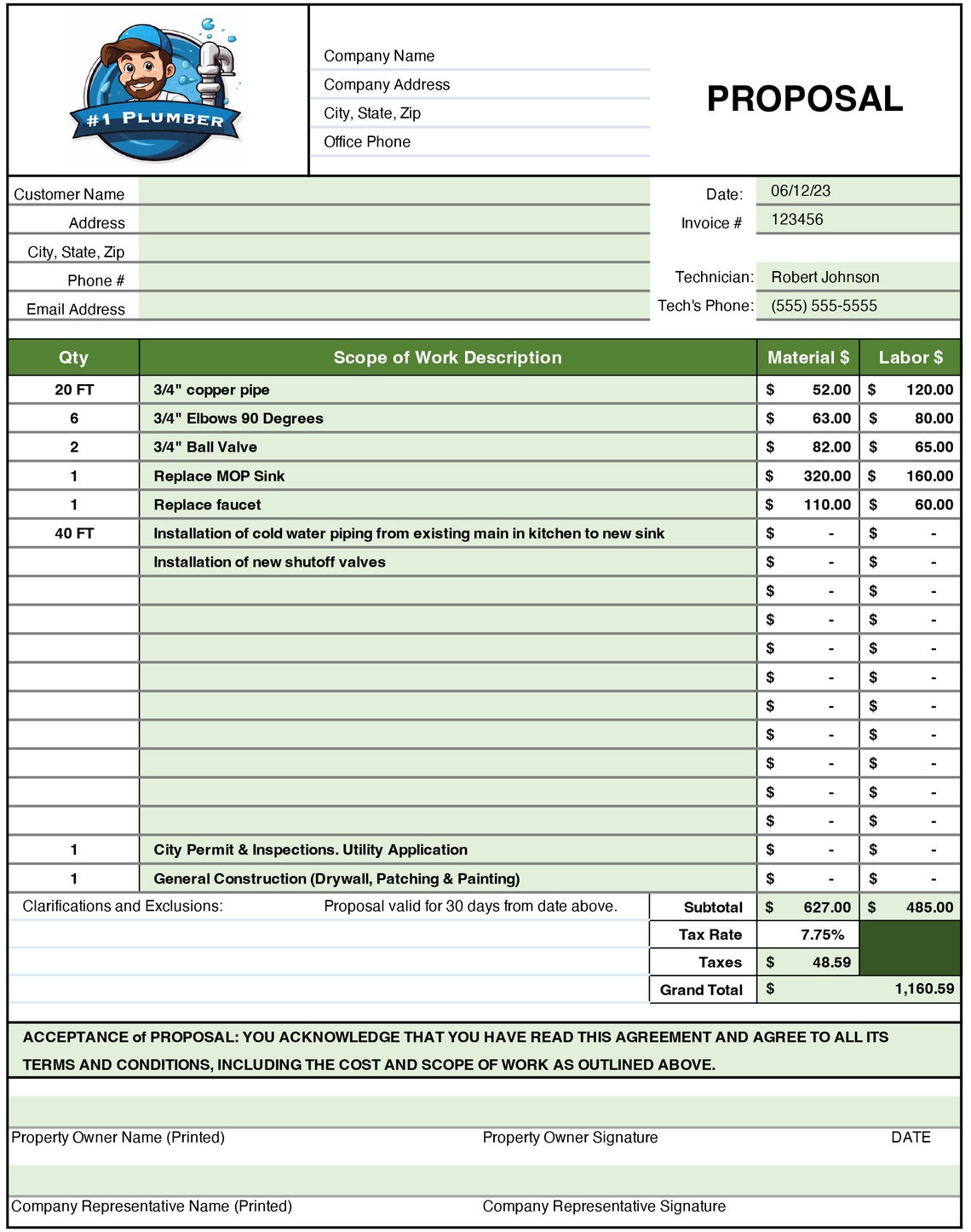 Plumbing Estimate Proposal Template in Excel, Plumbing Contractor Quote ...