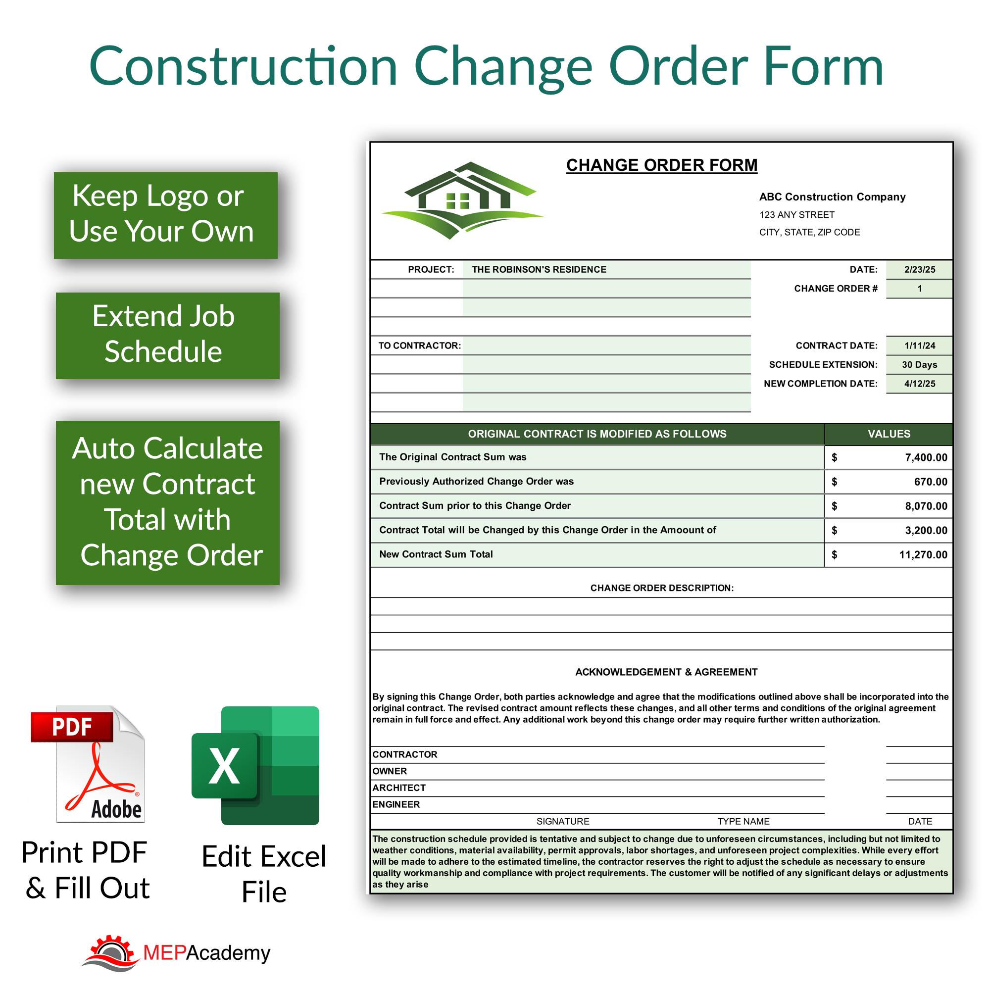 Change Order Form | Editable Construction Change Order Template | Digital Download | Excel ...