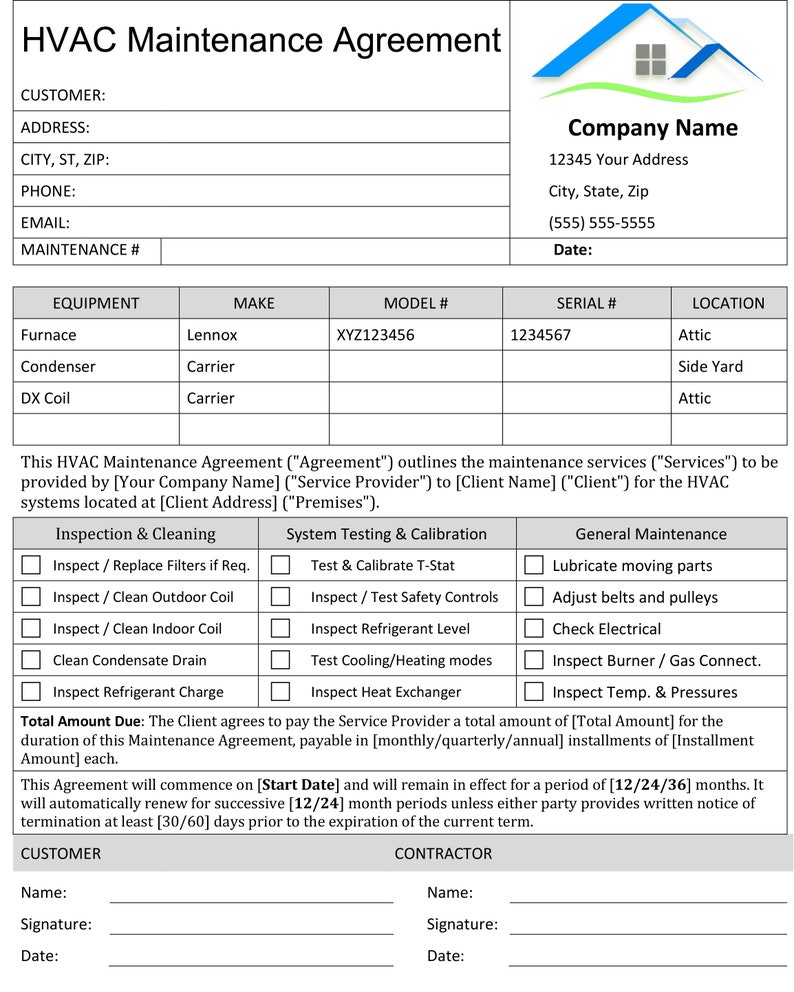 HVAC Maintenance Agreement in Microsoft Word & Google Docs - Etsy