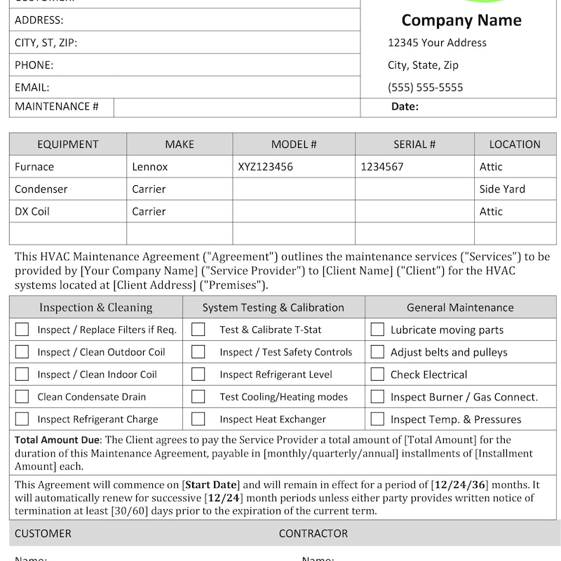 Hvac Maintenance Agreement - Etsy